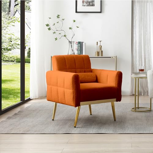 Penifun Teddy Accent Modern Side Gold Legs & Waist Pillow, Single Sofa Couch Armchair Reading Chairs for Living Waiting Room Bedroom Orange