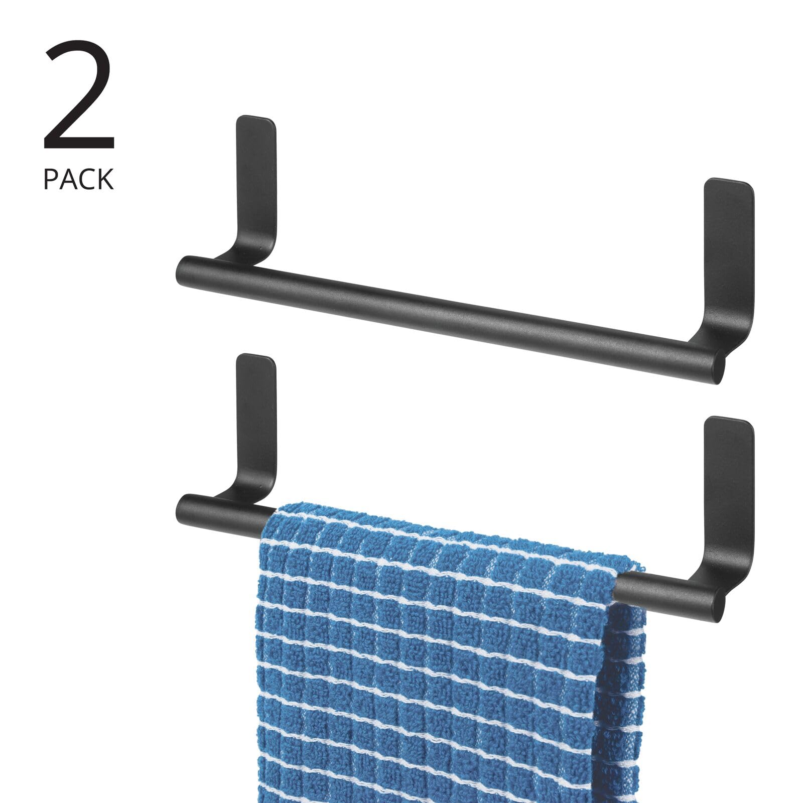 mDesign Steel Wall-Mounted Towel Rack Storage Holder - Self-Adhesive Space Saving Towel Bar for Bathroom, Kitchen - Holds Hand Towels - Stick on Doors or Cabinet - Omni Collection - 2 Pack - Black