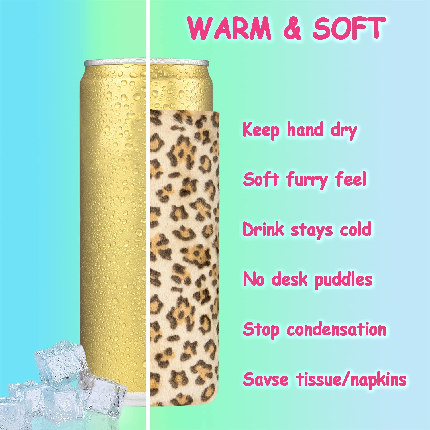 BAGnoREGio Short Plush Beer Can Cooler Sleeves, Soft Velvet Neoprene Insulated Coozie for Soda Beverage Cans, 6-Pack Collapsible Thermocoolers with 1PC Key Bottle Opener (Camouflage,Leopard)