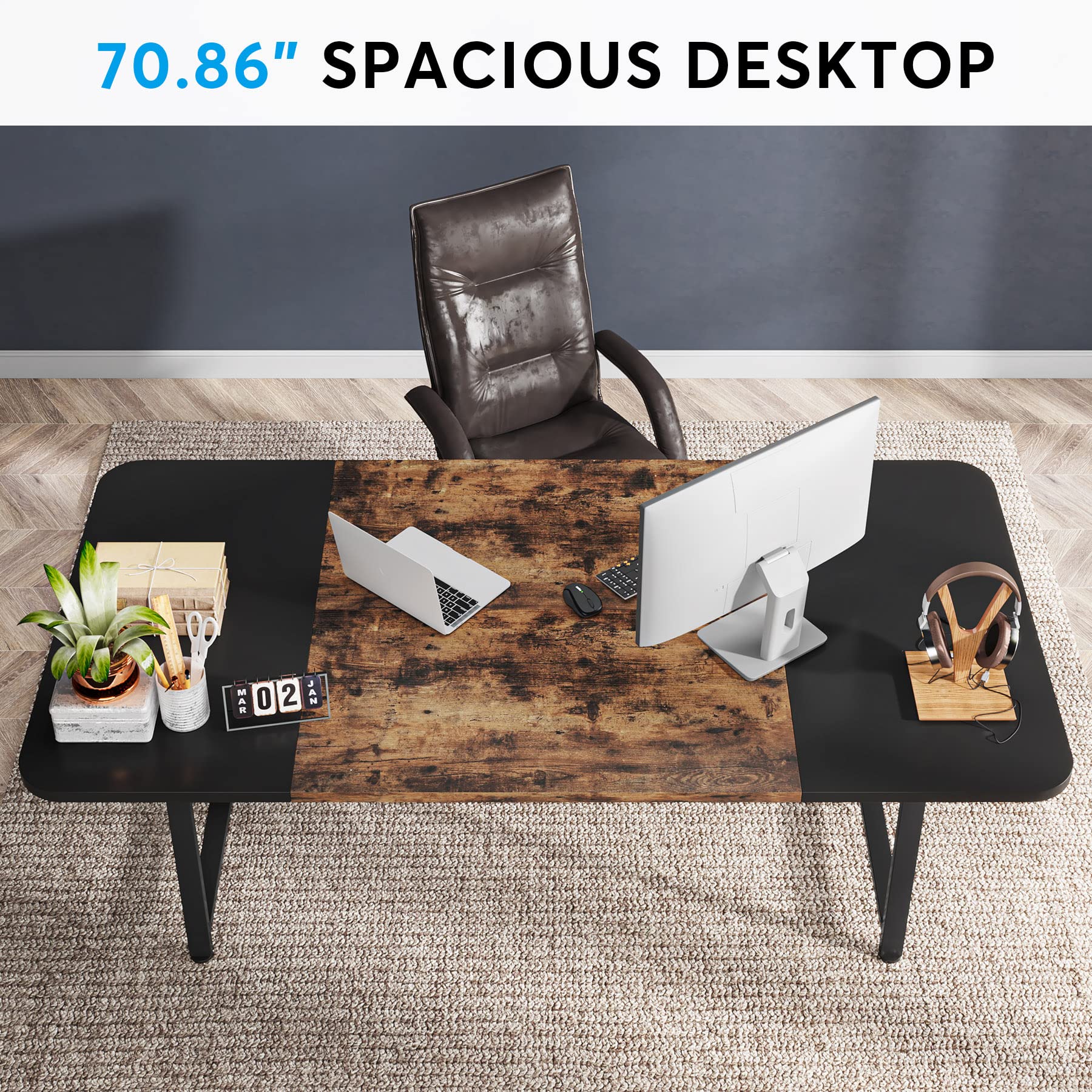 Tribesigns 6FT Conference Table, 70.8" W x 35.43" D Meeting Room Table Boardroom Desk for Office Conference Room, Splicing Board with Heavy Duty Metal Frame, Rustic Brown/Black