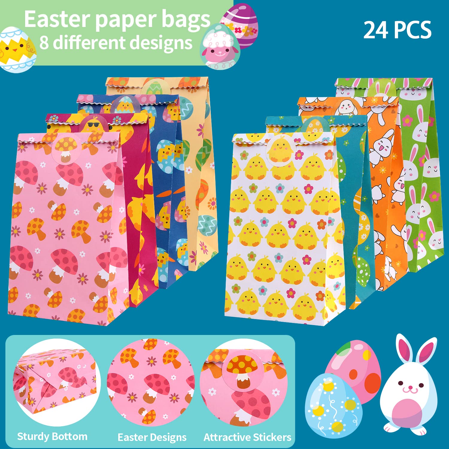 LOKIPA Easter Paper Candy Bags, 24PCS Easter Goody Paper Bags with 4PCS Stickers for Easter Party Favors
