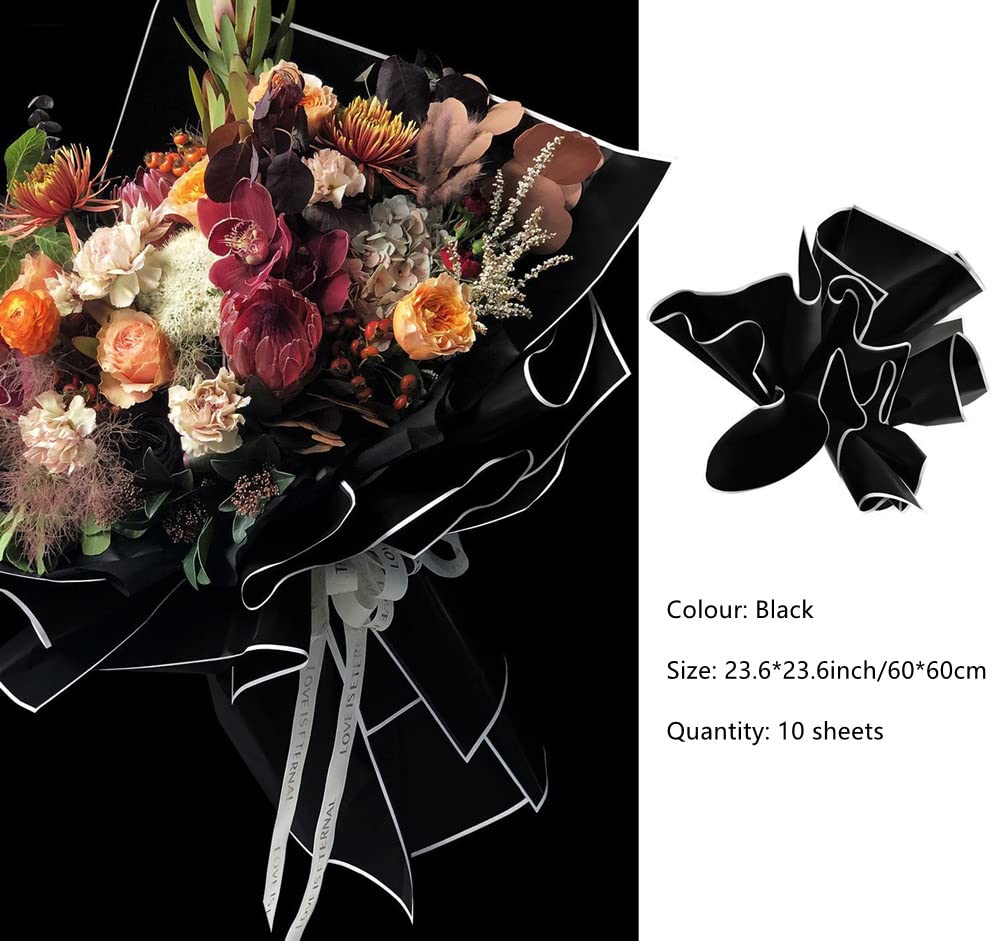 20 Sheets black and white aristocratic border Flower Wrapping Paper Waterproof Thicken Florist Bouquet Packaging Paper Gift or Gift Box Packaging Paper 23.6 x 23.6 inch(Dark Black + Porcelain White)