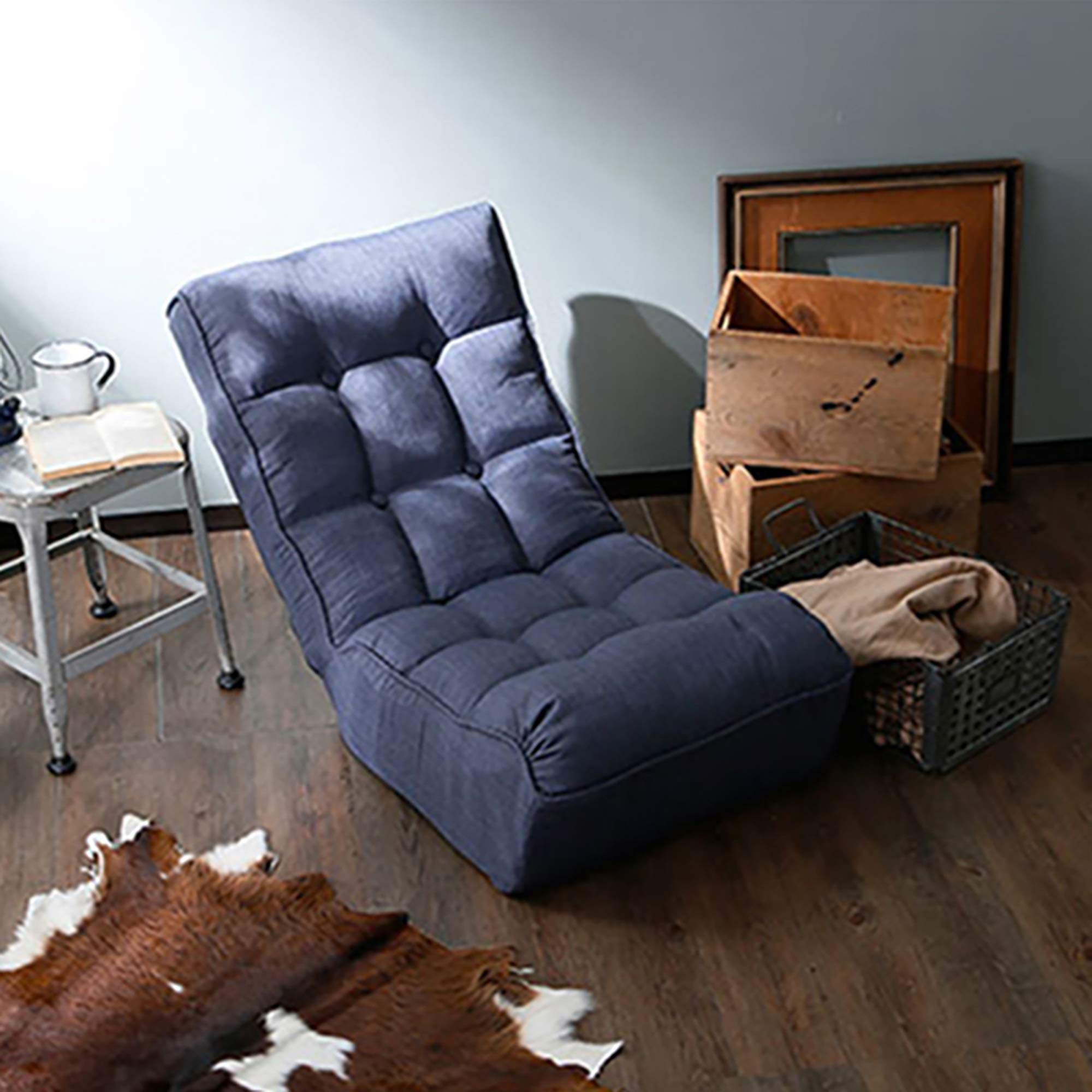 FIQHOME Lounge, Single, 3 Angles Adjustable Floor, Folding Japanese Lazy Sofa Tatami Balcony Reclining Chair for Living Room,Navy