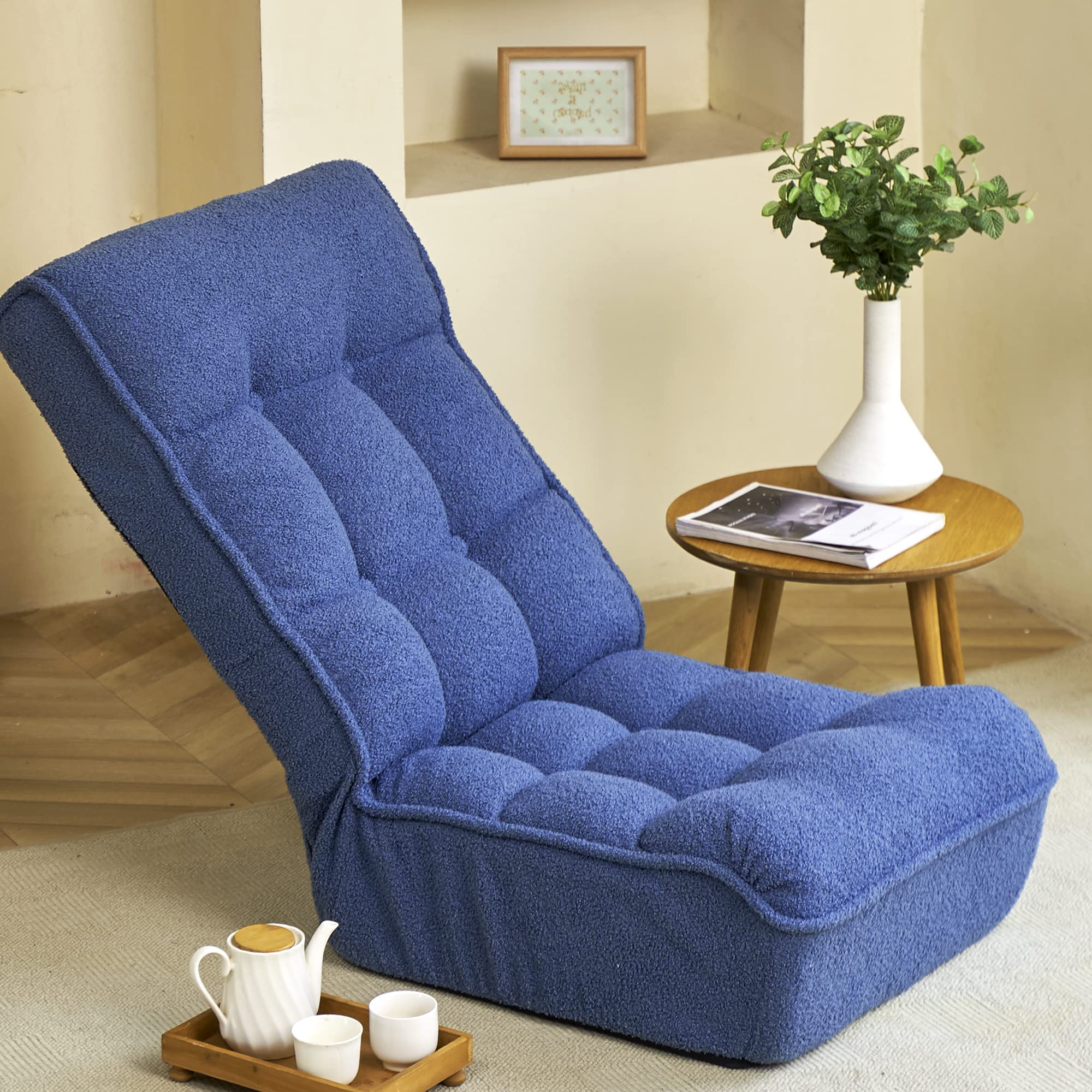 FIQHOME Lounge, Single, 3 Angles Adjustable Floor, Folding Japanese Lazy Sofa Tatami Balcony Reclining Chair for Living Room,Blue