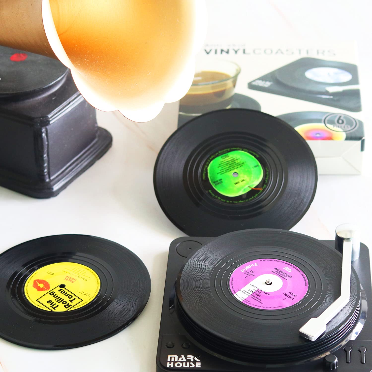 Funny Retro Vinyl Record Coasters for Drinks with Vinyl Record Player Holder for Music Lovers,Set of 6 Conversation Piece Sayings Drink Coaster,Wedding Registry Gift Ideas,Housewarming Hostess Gifts