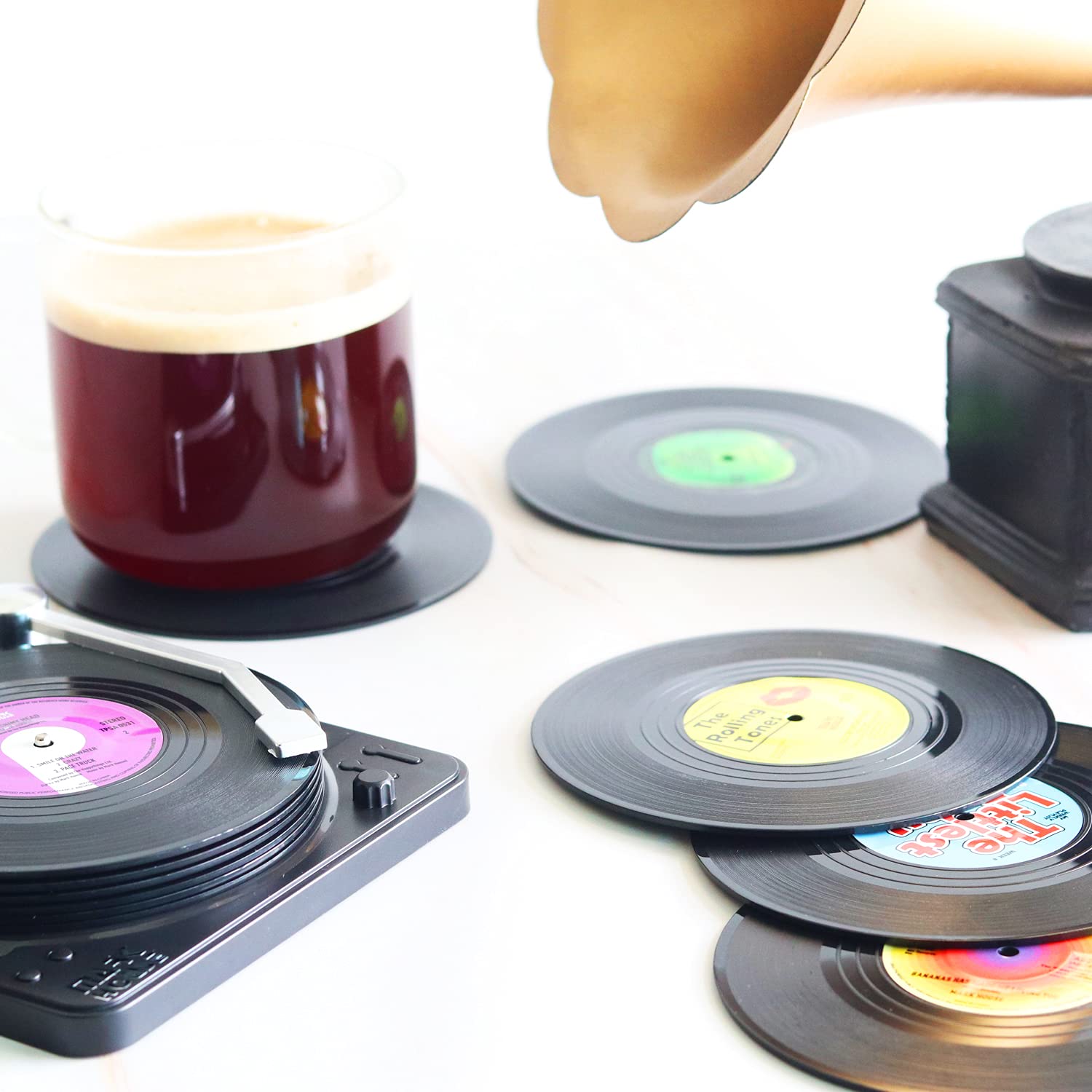 Funny Retro Vinyl Record Coasters for Drinks with Vinyl Record Player Holder for Music Lovers,Set of 6 Conversation Piece Sayings Drink Coaster,Wedding Registry Gift Ideas,Housewarming Hostess Gifts