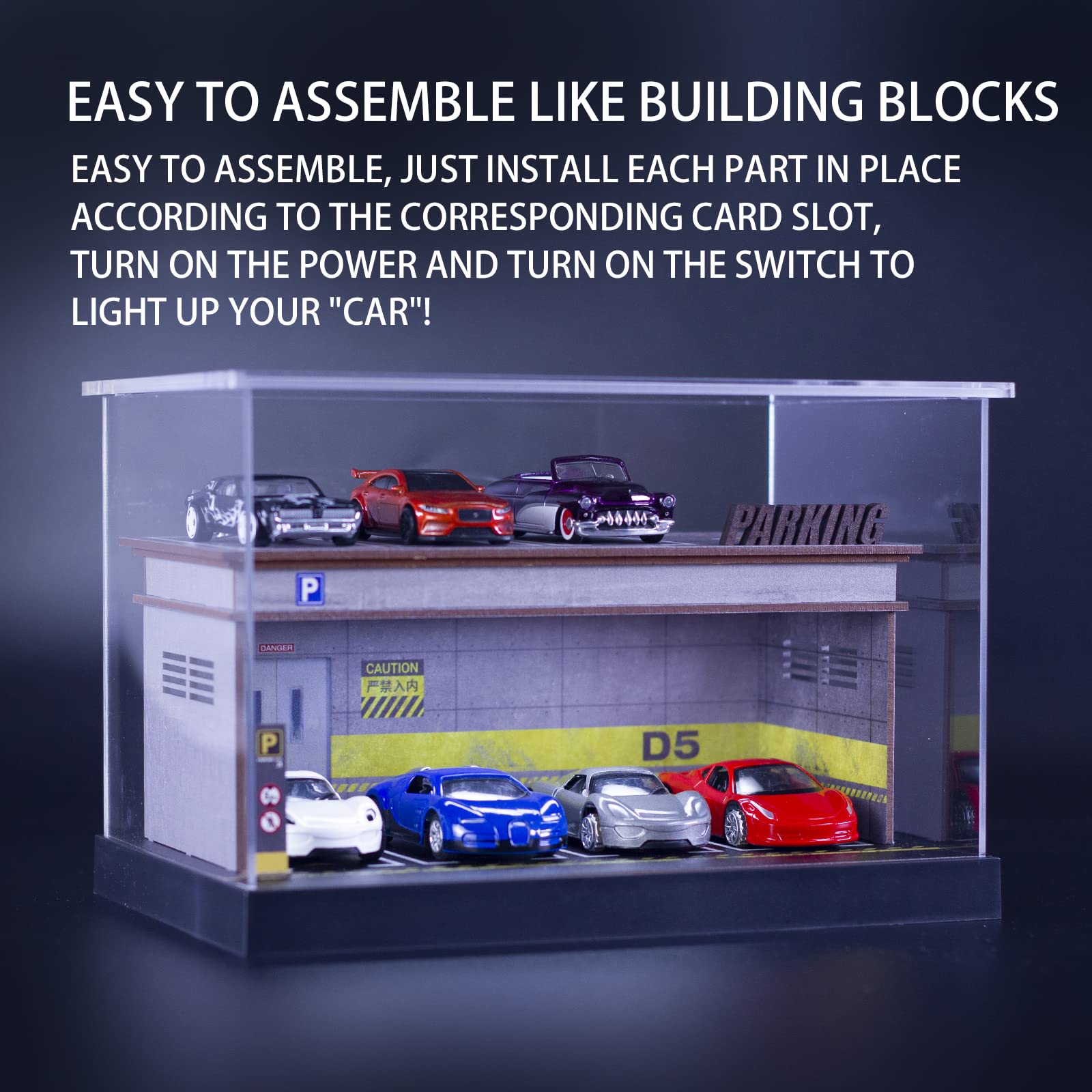 SIKIVOT 1/64 Scale Parking Lot Model Car，Die-cast Car Garage Display Case， Scale Garage Display Case，8 Parking Space with LED Light and Acrylic Cover (7641D5)