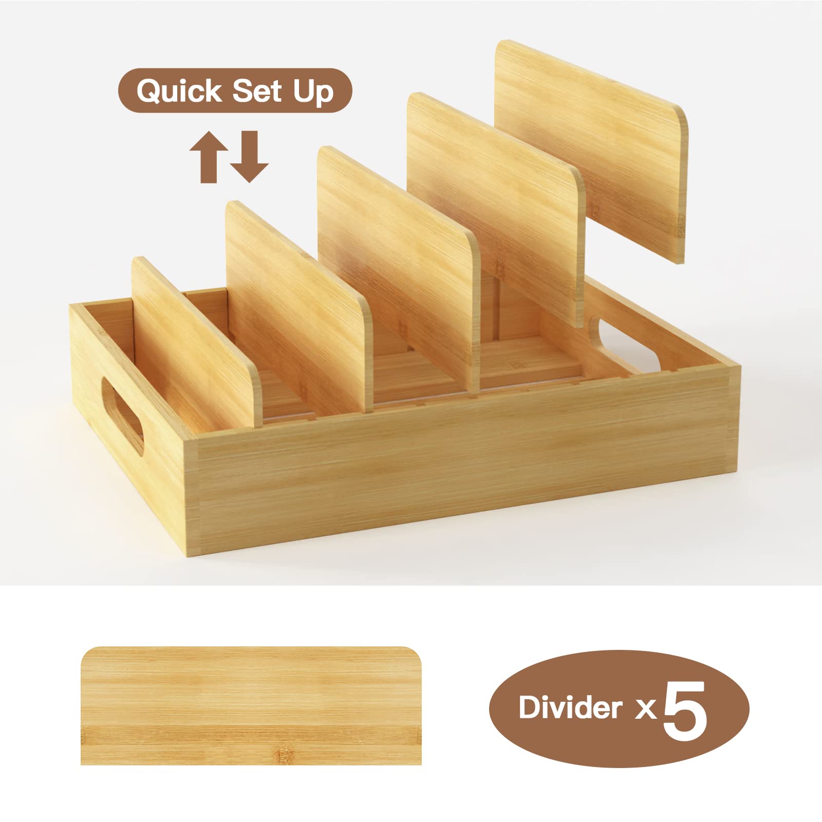 DUJEN Bamboo Food Container Lid Organizer, Kitchen Cabinet Organizer with Adjustable Dividers for Plastic Lids and Covers Storage, Kitchen Pantry Organizer for Multipurpose Lid Holder