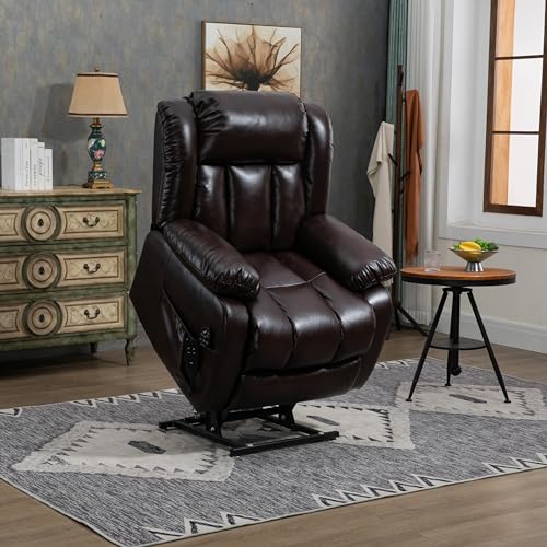 FULife Electric Lift Chair Power Recliner,Reclining Lifting Single Sofa Armchair with Heat and Massage,Heavy Duty Dual Motor Faux Leather Upholstery Lazy Lounge Couch w//USB Ports and Side Pockets