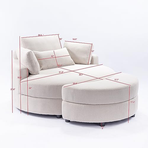 Oversized Barrel Chair with Half Moon Shaped Storage Ottoman for Living Room, Modern Accent Round Loveseat Circle Armchairs Cuddle Lounge Sofa with Removable Head & Back Pillows for Nursery, Office