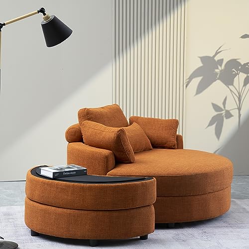 Oversized Barrel Chair with Half Moon Shaped Storage Ottoman for Living Room, Modern Accent Round Loveseat Circle Armchairs Cuddle Lounge Sofa with Removable Head & Back Pillows for Nursery, Office
