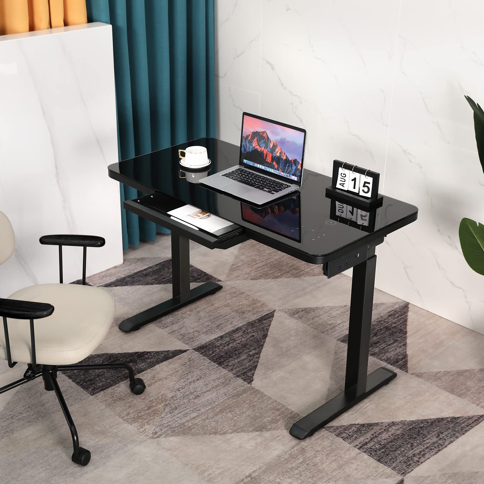 AIMEZO Standing Desk with Drawer Ergonomic Tempered Glass Electric Sit-Stand Height Adjustable Computer Workstation,with Touchscreen Controller&Wireless Charging &USB Port, and Power Strip