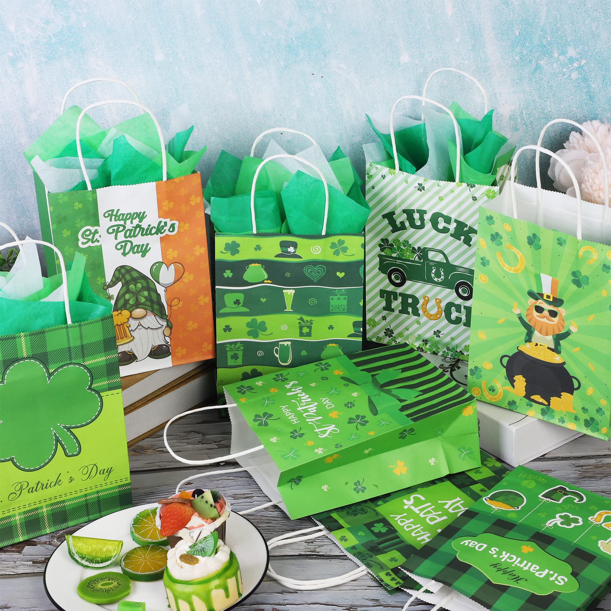 MIMIND 24 Pack St. Patrick's Day Gift Bags with 24 Sheets Tissue Paper Irish Green Clover Goodie Treat Bags with Handle Shamrock Theme Party Favor Bags for St. Patrick's Day Party Supplies, 8 Designs
