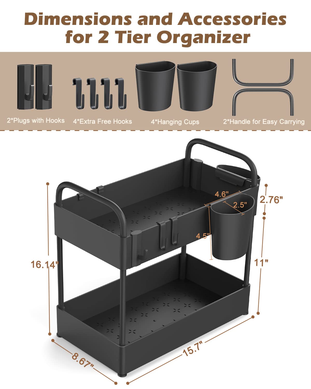 FURTIME Under Sink Organizer, 2 Tier Kitchen Under Sink Storage Bathroom Countertop Organizer with 6 Hooks 2 Hanging Cups and Anti-Foot for Bathroom Kitchen Spice Makeup Cosmetics Vanity Narrow Space
