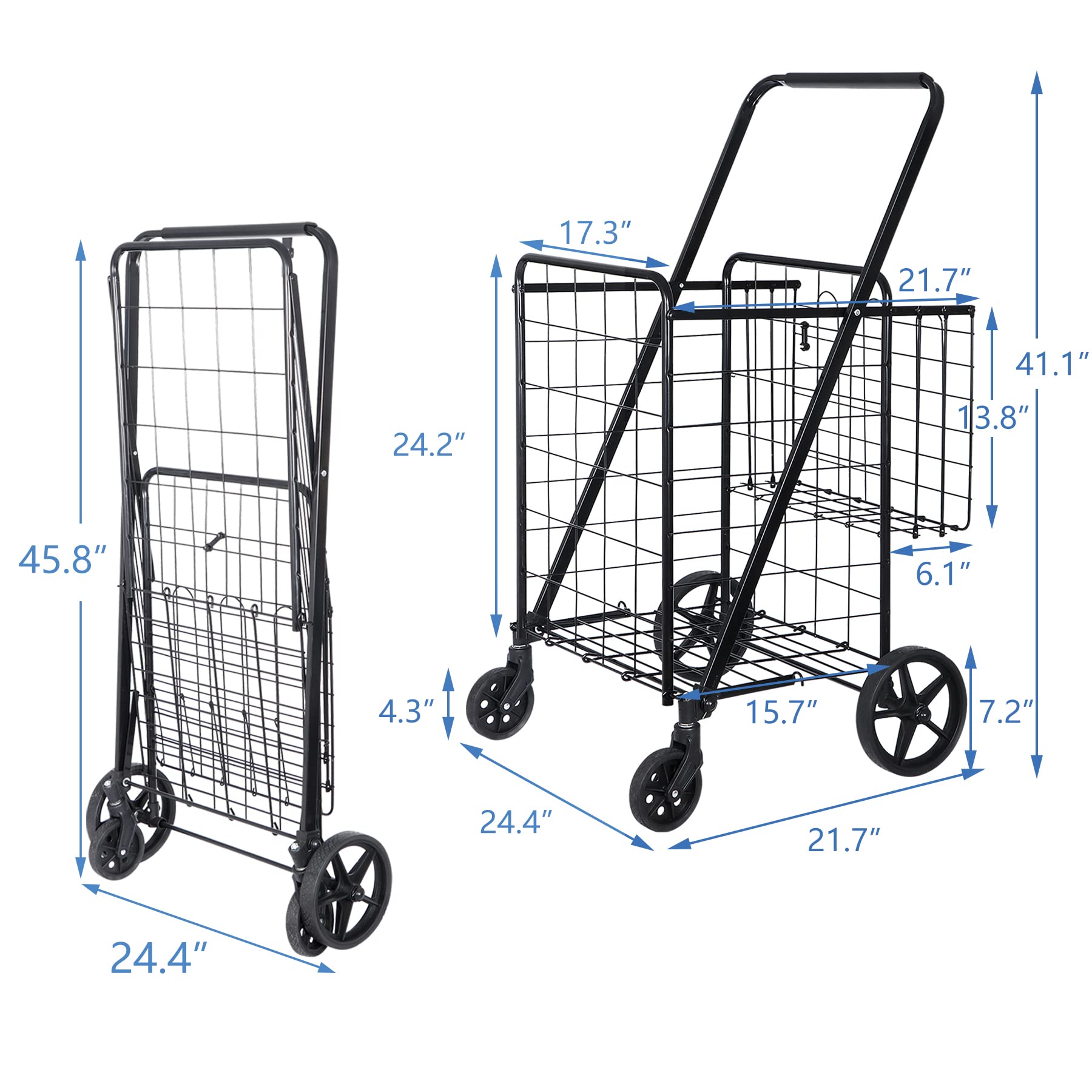 SUPER DEAL Folding Shopping Cart with Wheels and Double Basket for Groceries Laundry Book Luggage Travel, Black