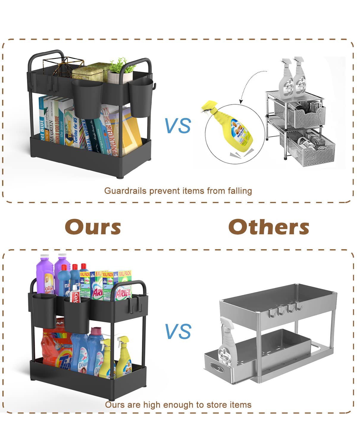 FURTIME Under Sink Organizer, 2 Tier Kitchen Under Sink Storage Bathroom Countertop Organizer with 6 Hooks 2 Hanging Cups and Anti-Foot for Bathroom Kitchen Spice Makeup Cosmetics Vanity Narrow Space