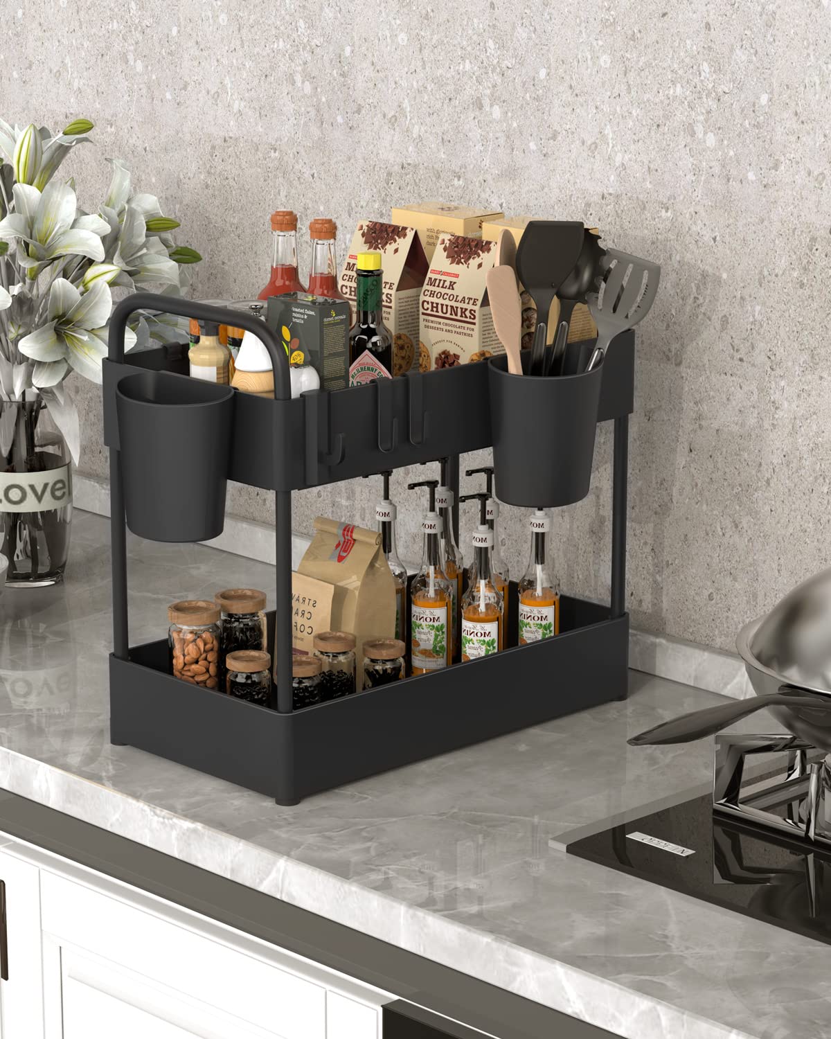 FURTIME Under Sink Organizer, 2 Tier Kitchen Under Sink Storage Bathroom Countertop Organizer with 6 Hooks 2 Hanging Cups and Anti-Foot for Bathroom Kitchen Spice Makeup Cosmetics Vanity Narrow Space