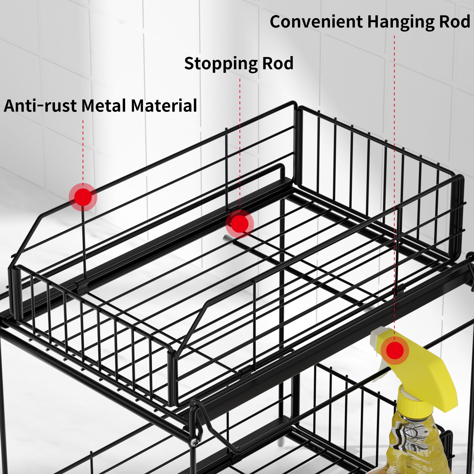 SUEH DESIGN Under Sink Organizers and Storage, Large Capacity Under Cabinet Storage 2 Tier Pull Out Kitchen Cabinet Organizer with Hanging Rail for Bathroom Kitchen Storage Shelf