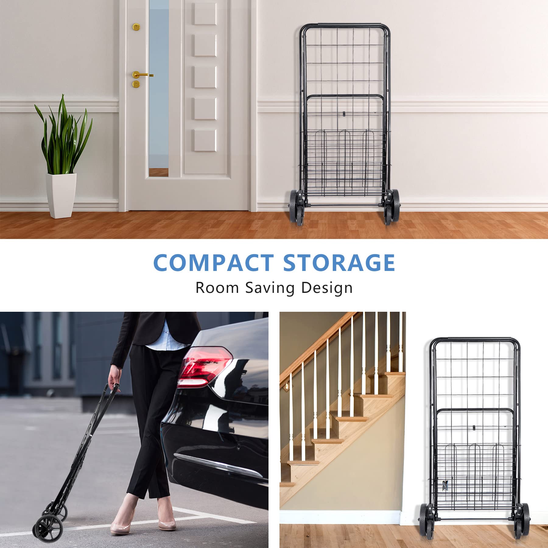 SUPER DEAL Folding Shopping Cart with Wheels and Double Basket for Groceries Laundry Book Luggage Travel, Black