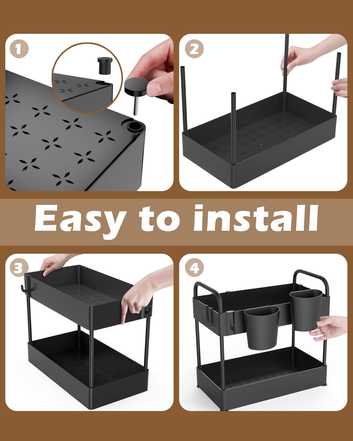 FURTIME Under Sink Organizer, 2 Tier Kitchen Under Sink Storage Bathroom Countertop Organizer with 6 Hooks 2 Hanging Cups and Anti-Foot for Bathroom Kitchen Spice Makeup Cosmetics Vanity Narrow Space