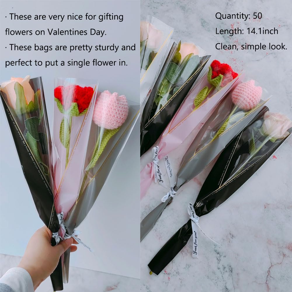 ZAYOIZY 50pcs Flower Bouquet Packaging Bags Single Rose Wrapping Sleeves Clear Cellophane Bags Plastic Bouquet Wrappers for Valentine' s Day Present, White