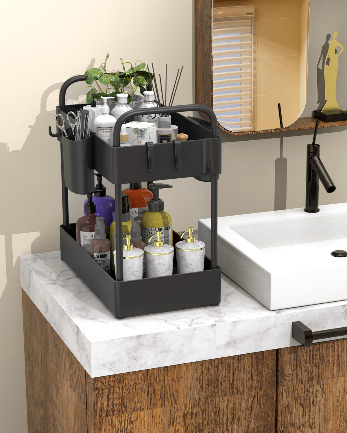 FURTIME Under Sink Organizer, 2 Tier Kitchen Under Sink Storage Bathroom Countertop Organizer with 6 Hooks 2 Hanging Cups and Anti-Foot for Bathroom Kitchen Spice Makeup Cosmetics Vanity Narrow Space