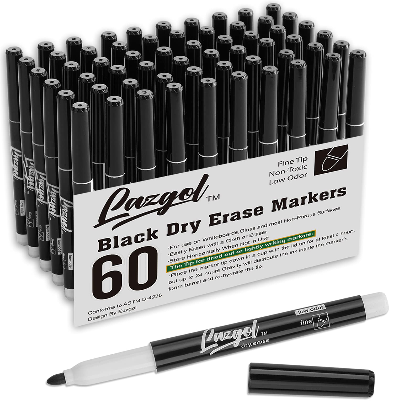 Dry Erase Markers Bulk, LAZGOL 60 Pack Black Low Odor Whiteboard Markers, Fine Point Dry Erase Markers Perfect for Writing on Dry Erase Whiteboard Mirror Glass for School Office Home