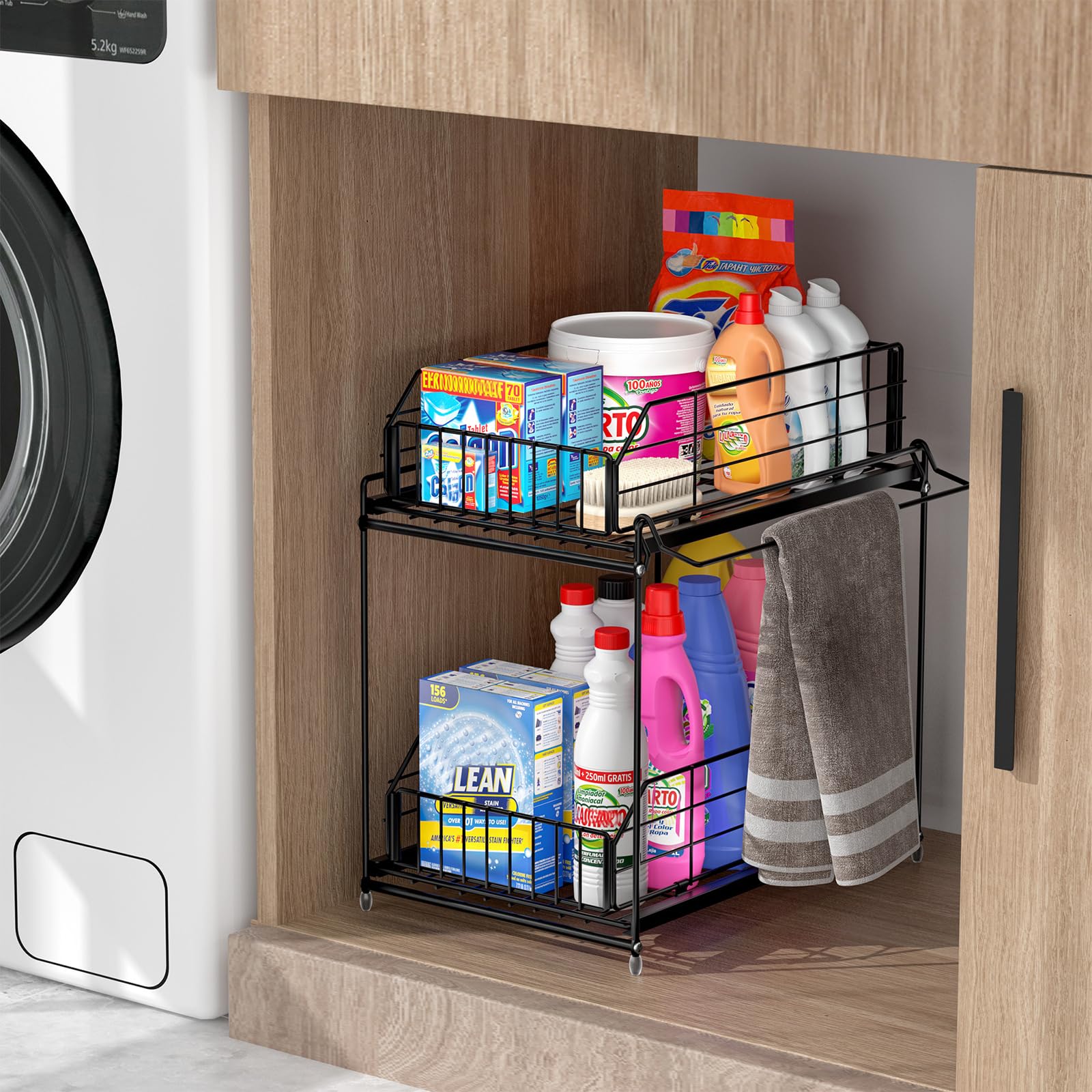 SUEH DESIGN Under Sink Organizers and Storage, Large Capacity Under Cabinet Storage 2 Tier Pull Out Kitchen Cabinet Organizer with Hanging Rail for Bathroom Kitchen Storage Shelf