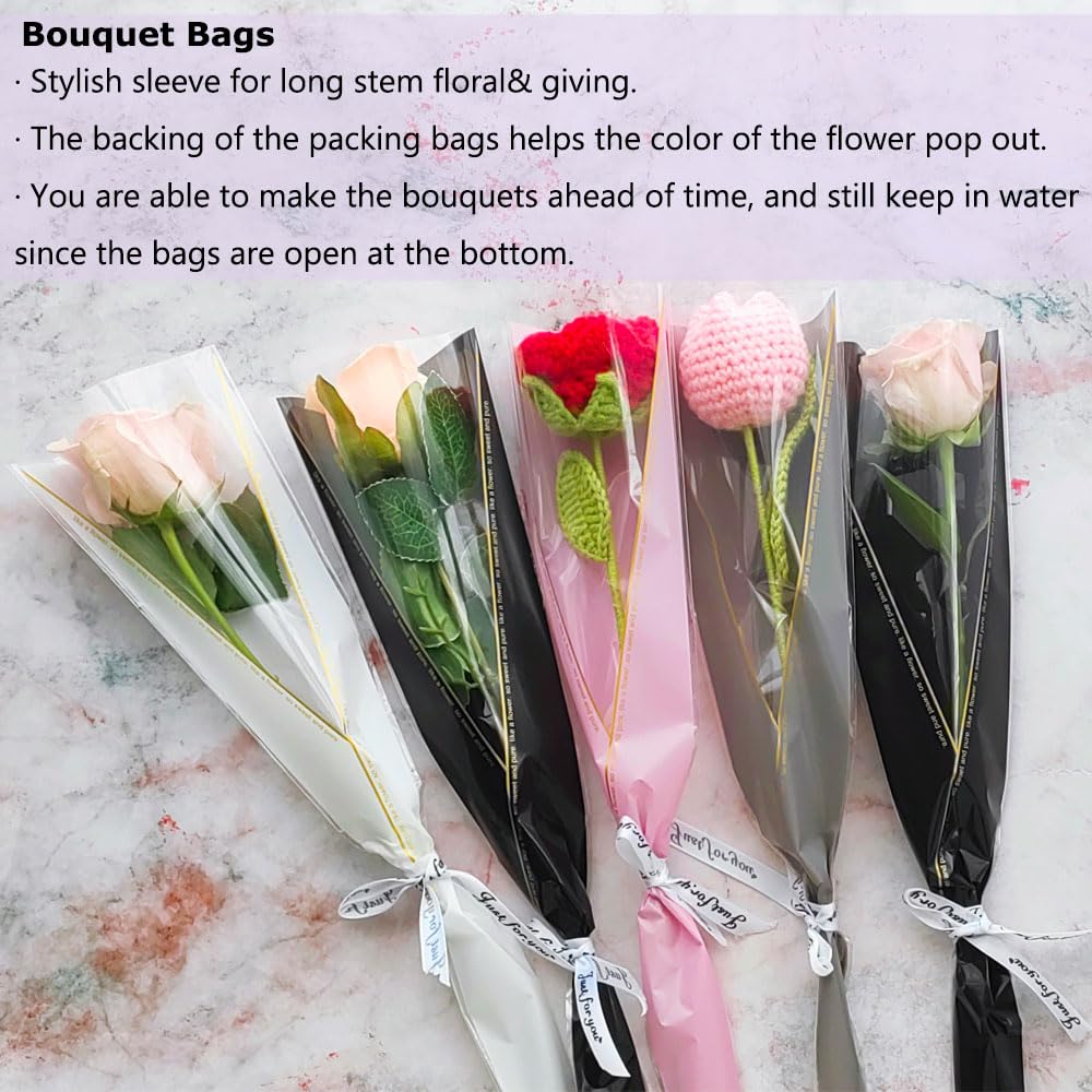 ZAYOIZY 50pcs Flower Bouquet Packaging Bags Single Rose Wrapping Sleeves Clear Cellophane Bags Plastic Bouquet Wrappers for Valentine' s Day Present, White