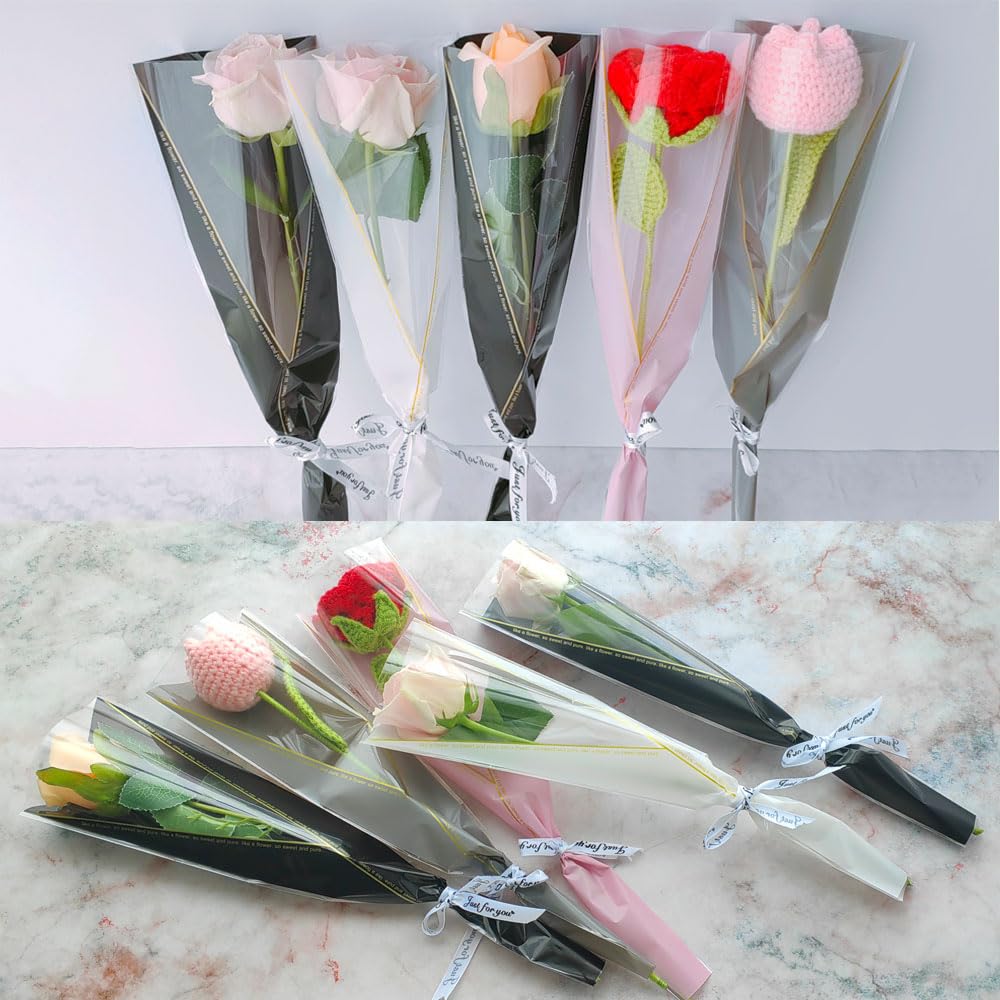 ZAYOIZY 50pcs Flower Bouquet Packaging Bags Single Rose Wrapping Sleeves Clear Cellophane Bags Plastic Bouquet Wrappers for Valentine' s Day Present, White