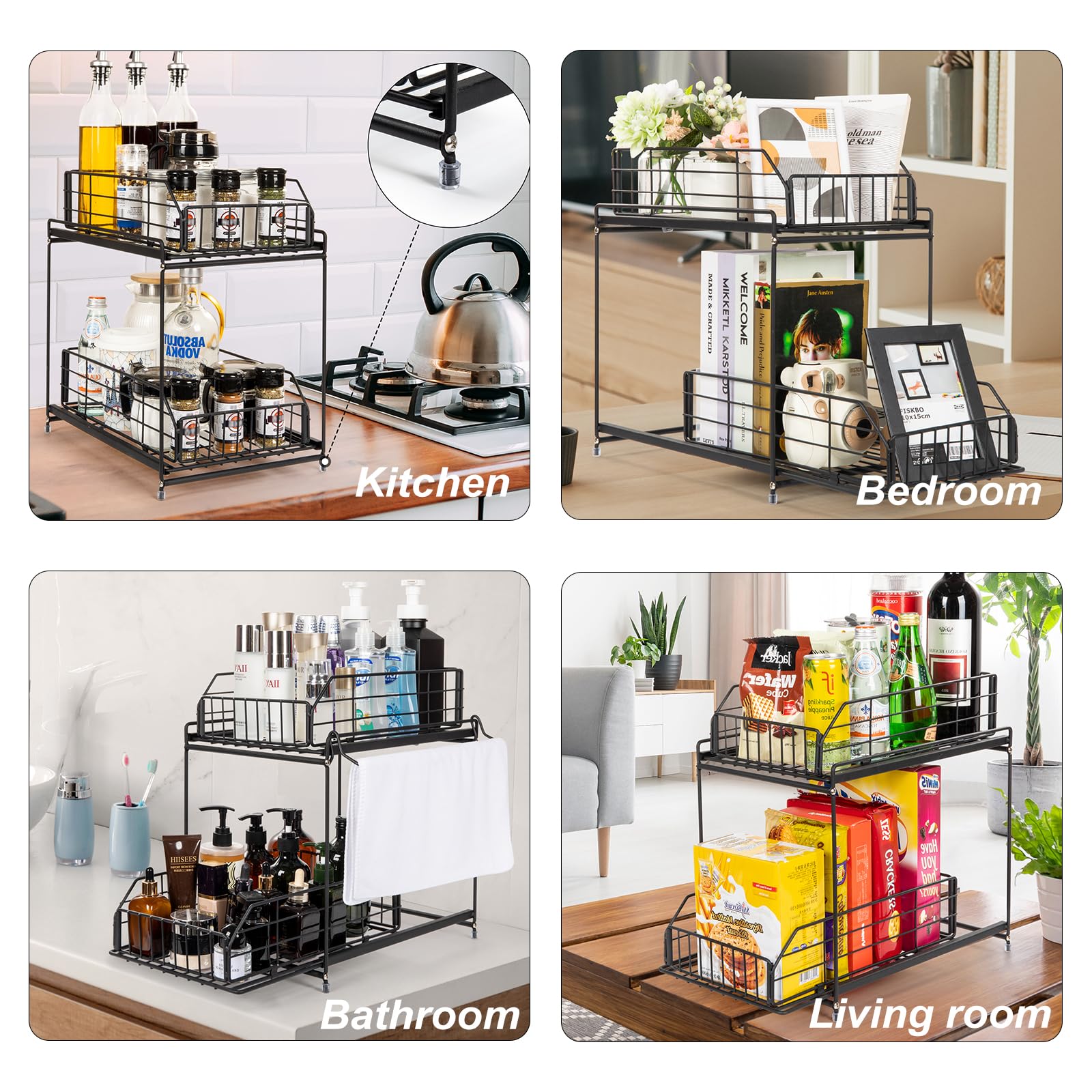 SUEH DESIGN Under Sink Organizers and Storage, Large Capacity Under Cabinet Storage 2 Tier Pull Out Kitchen Cabinet Organizer with Hanging Rail for Bathroom Kitchen Storage Shelf