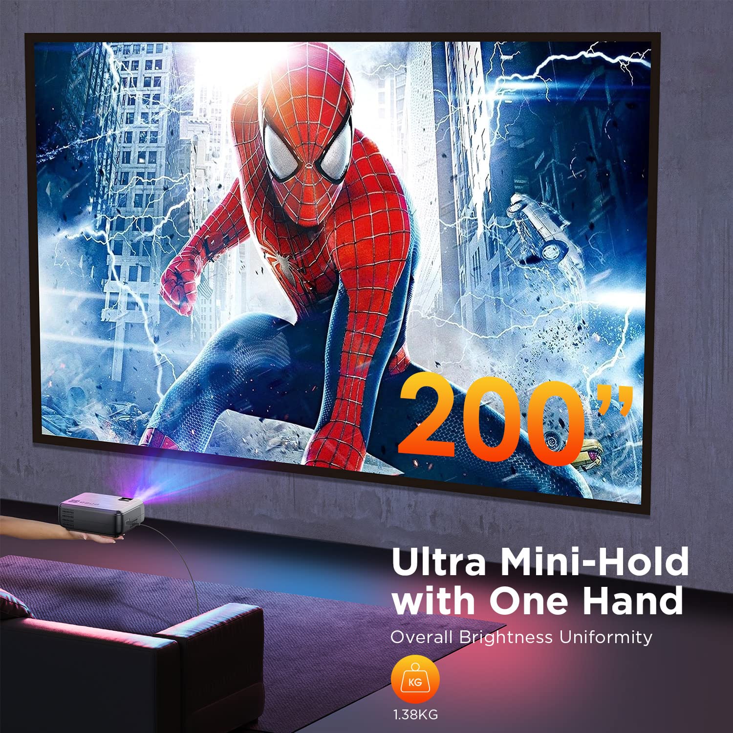 Mini WiFi Projector for Outdoor Movies, 8500L High Brightness, 1080p HD Video Projector for iPhone & 200'' Display Supported, Compatible with Phone/TV Stick/HDMI/USB/VGA, Home Theater