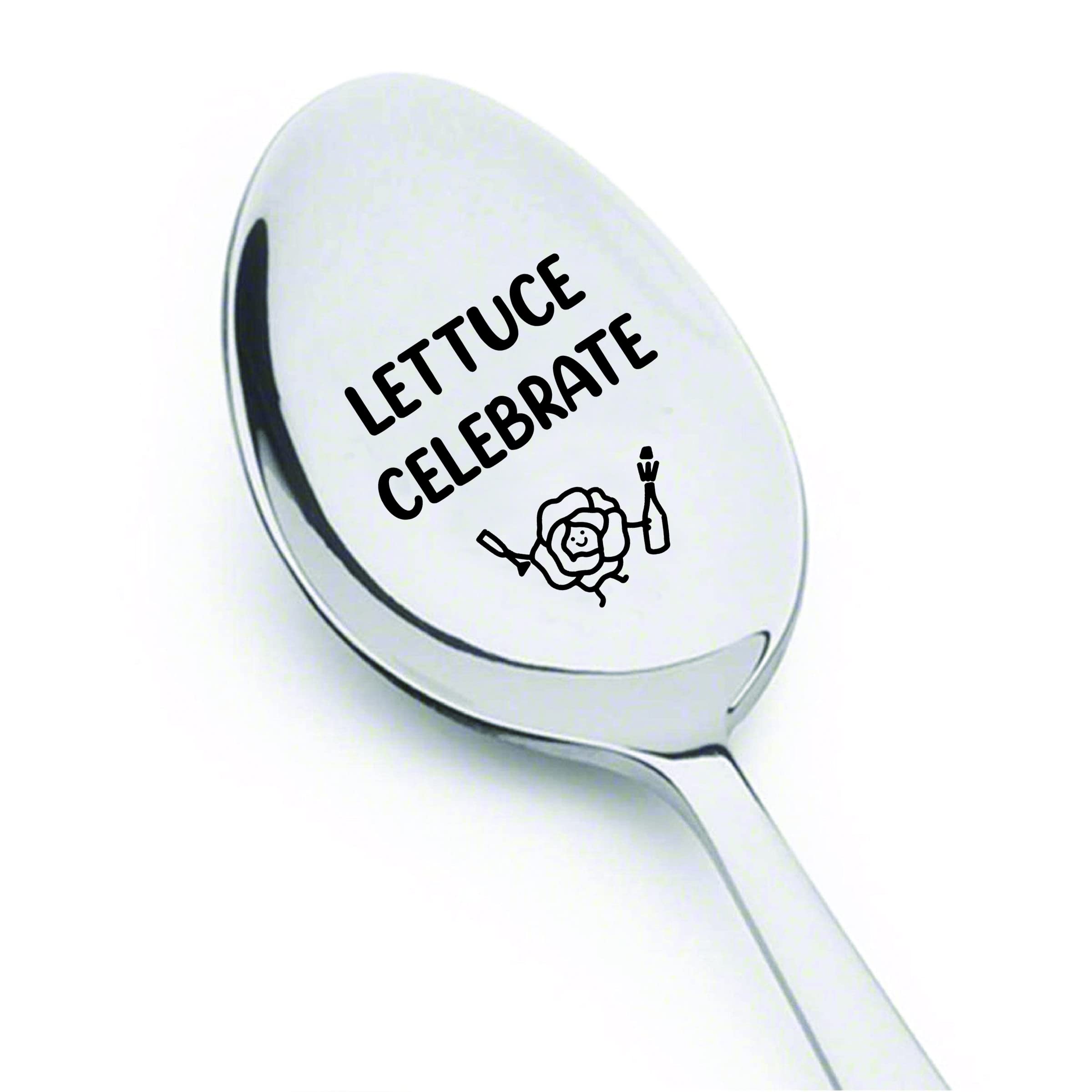 Funny Let Us Celebrate Spoon Hilarious Gifts For Vegan Veggie Food Lovers | Lettuce Celebrate Salad Quote Engraved Spoon With Lettuce Vegetable Icon | Sarcastic Birthday Gifts For Vegetarian Friends