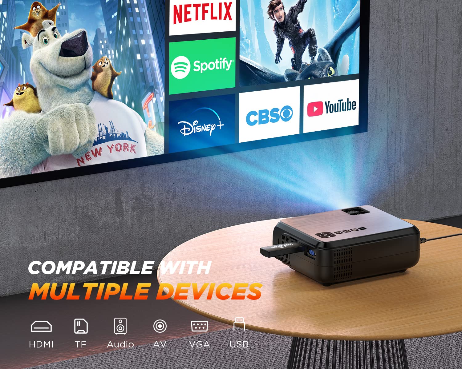 Mini WiFi Projector for Outdoor Movies, 8500L High Brightness, 1080p HD Video Projector for iPhone & 200'' Display Supported, Compatible with Phone/TV Stick/HDMI/USB/VGA, Home Theater
