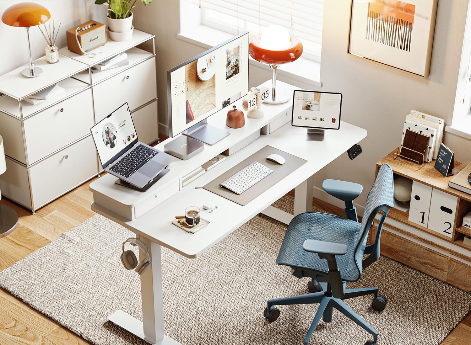 BANTI Electric Standing Desk with Double Drawers, 60x24 Inches Adjustable Height Stand Up Desk, Sit Stand Home Office Desk with Storage Shelf, Rustic Brown Top/Black Frame (B-SDE-60RC-DD)