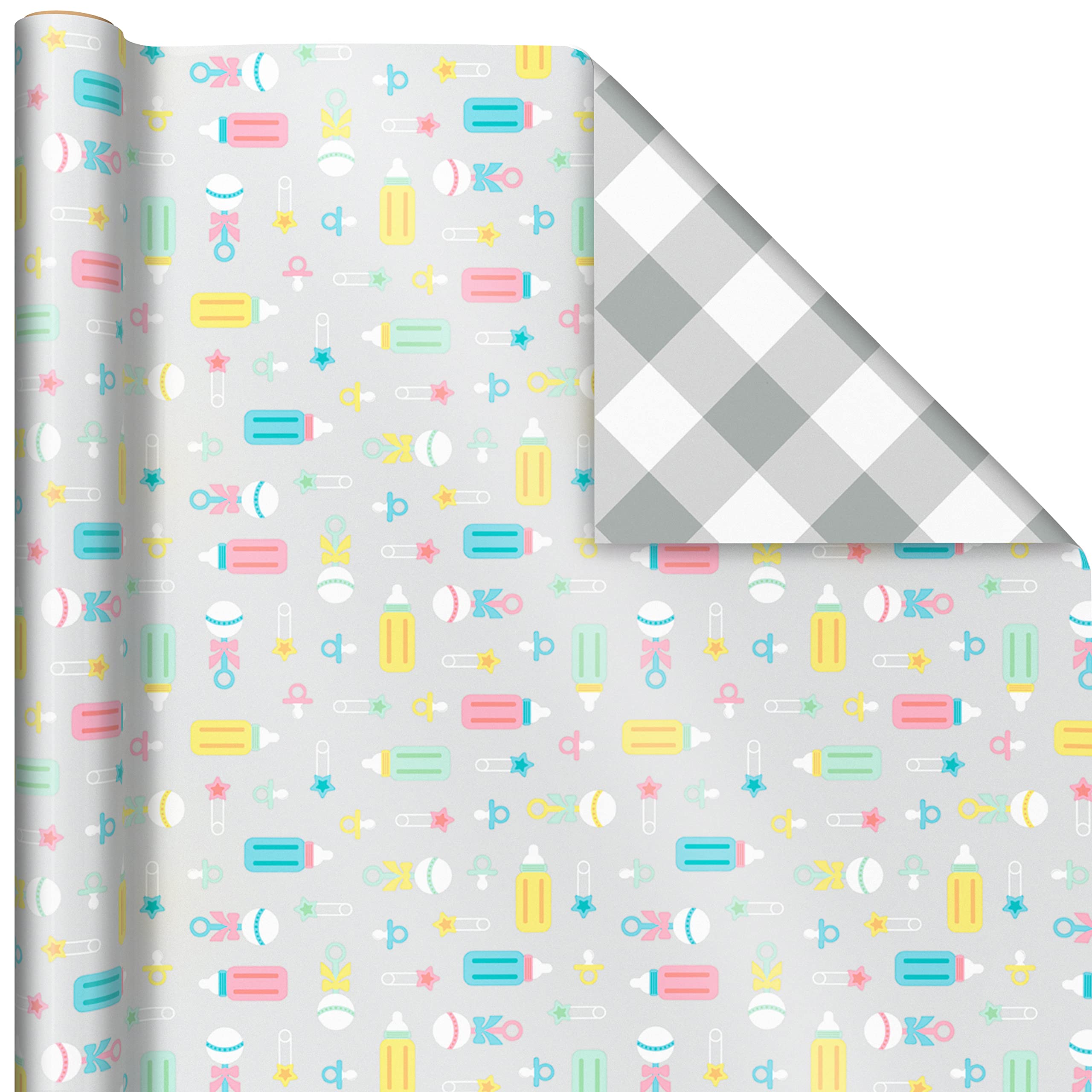 Hallmark All Occasion Reversible Wrapping Paper Bundle - Baby (3 Rolls - 75 sq. ft. ttl) Clouds, ABCs, Bottles, Polka Dots, Solid Blue, Gray Gingham
