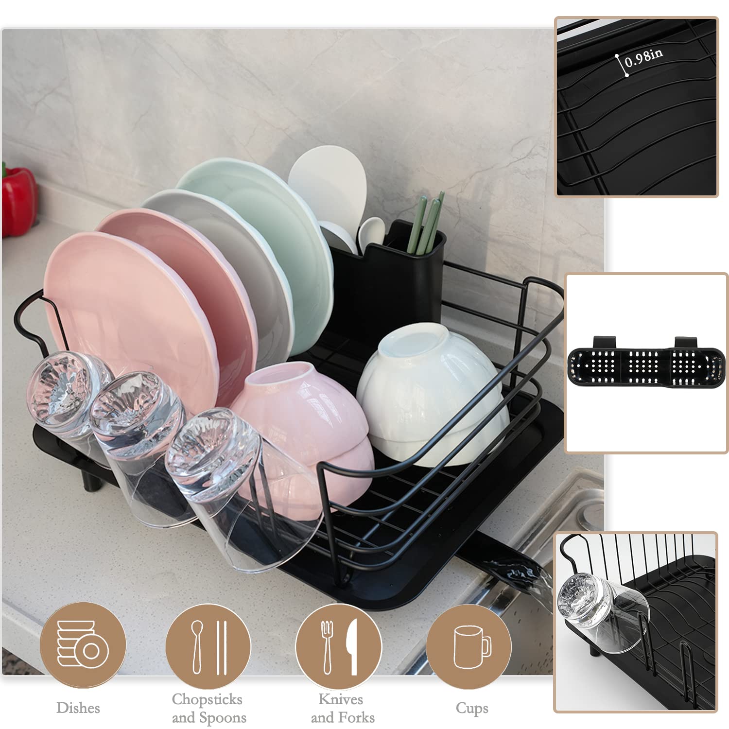 vizoe Dish Drying Rack 15''*11''*8'', Black Iron Dish Rack with Automatic Drainage, Removable Utensil Holder and Cup Holder, Drying Rack with Swivel Spout for Kitchen Inside Sink Counter Cabinet