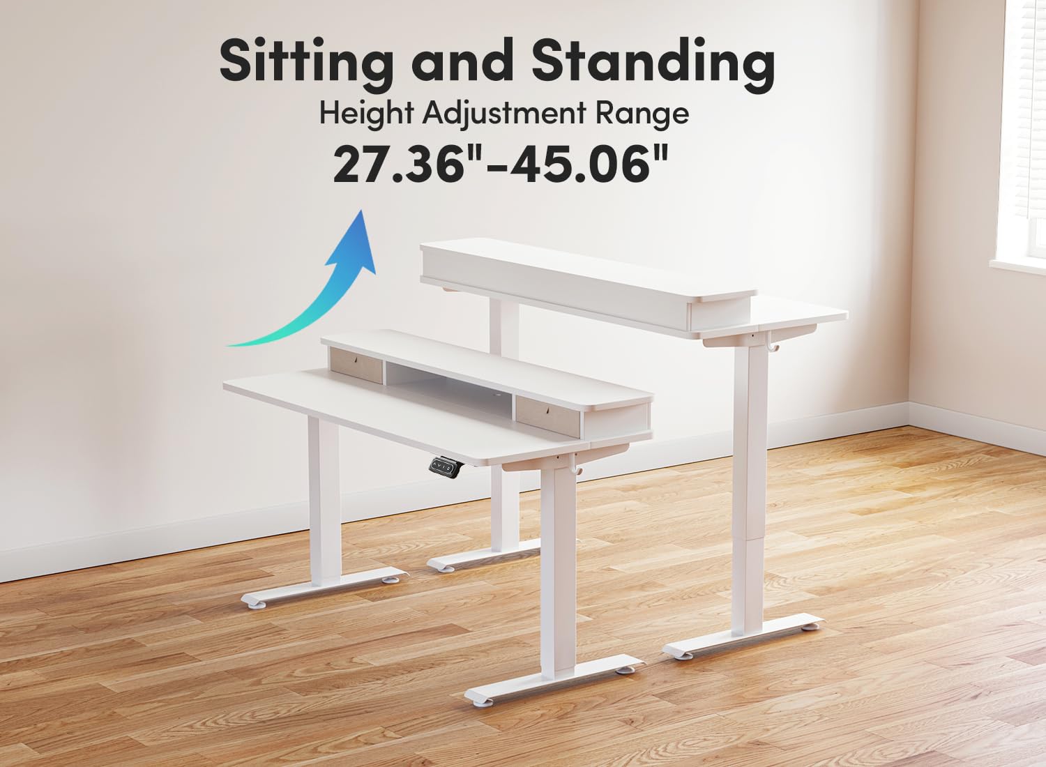 BANTI Electric Standing Desk with Double Drawers, 60x24 Inches Adjustable Height Stand Up Desk, Sit Stand Home Office Desk with Storage Shelf, Rustic Brown Top/Black Frame (B-SDE-60RC-DD)