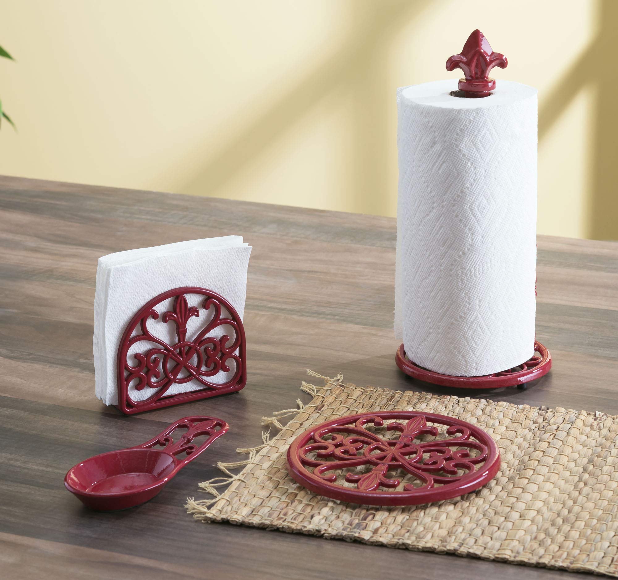 Home Basics Weighted Cast Iron Steel Fleur De Lis Paper Towel Holder and Dispenser Stand, Red