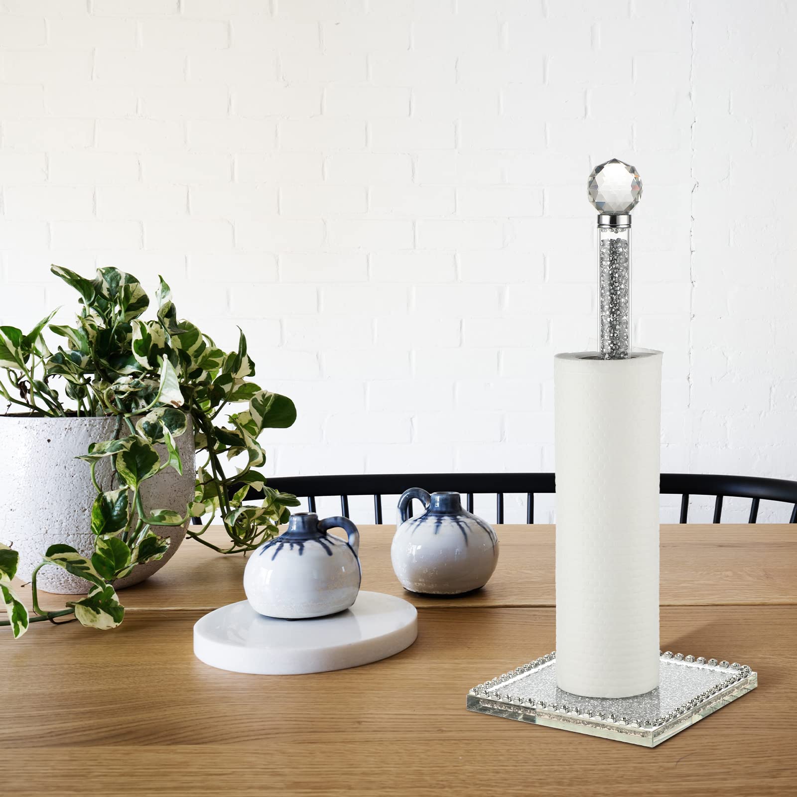 Silver Paper Towel Roll Holder, 13 Inch Square Base Standing Paper Towel Stand with Sparkly Crystal Crushed Diamonds Decor for Kitchen Table or Bathroom