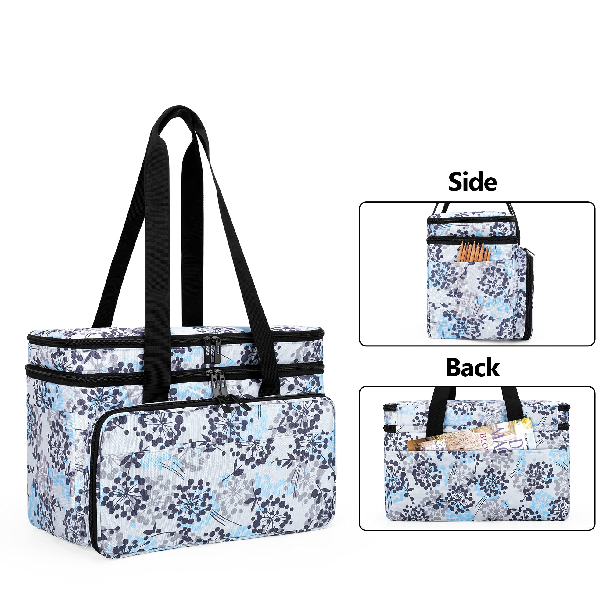 CURMIO Double-Layer Knitting Tote Bag, Yarn Storage Bag with Compartments for Crochet Hooks, Knitting Needles (Up to 14 Inches), Knitting Project and Accessories, Dandelion (Bag Only, Patented Design)