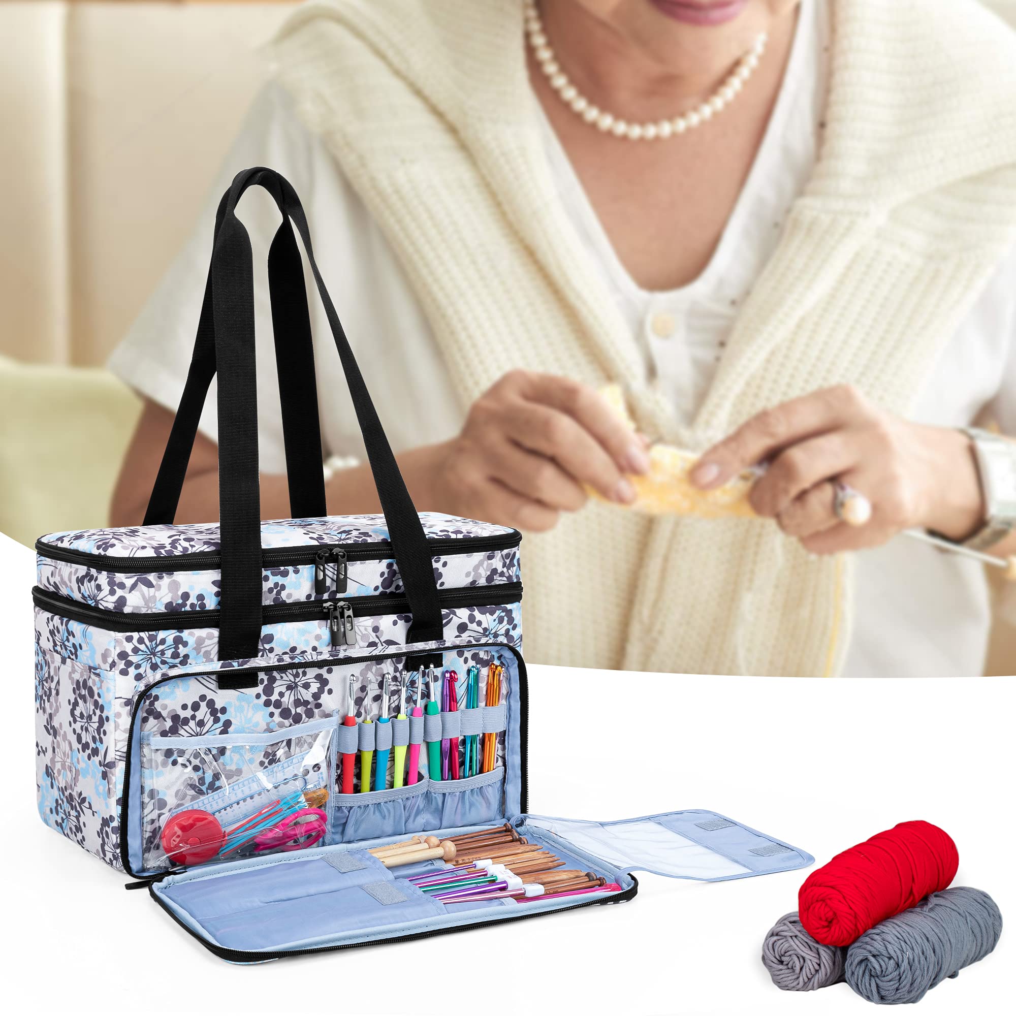 CURMIO Double-Layer Knitting Tote Bag, Yarn Storage Bag with Compartments for Crochet Hooks, Knitting Needles (Up to 14 Inches), Knitting Project and Accessories, Dandelion (Bag Only, Patented Design)