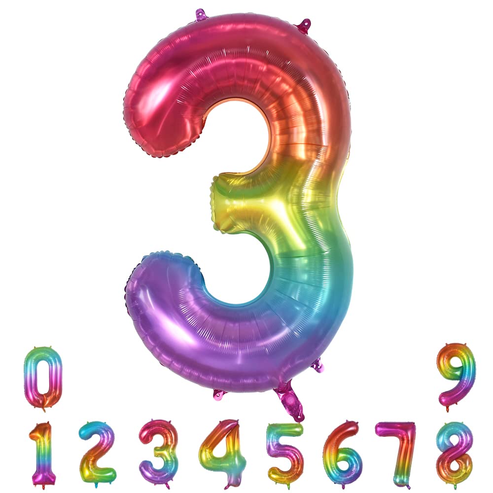 TONIFUL 40 Inch Rainbow Jelly Large Numbers Balloon 0-9 Birthday Party Decorations,Foil Mylar Big Number Balloon Digital 3 for Birthday Party,Bridal Shower Engagement Photo Shoot, Anniversary