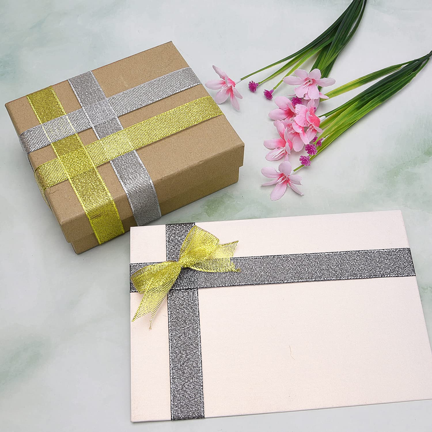 Livder 3 Rolls 75 Yards in Total Metallic Glitter Ribbon for Gift Wrapping Birthday Holiday Graduation Party Decoration (Golden, Silvery, Silver-Black)