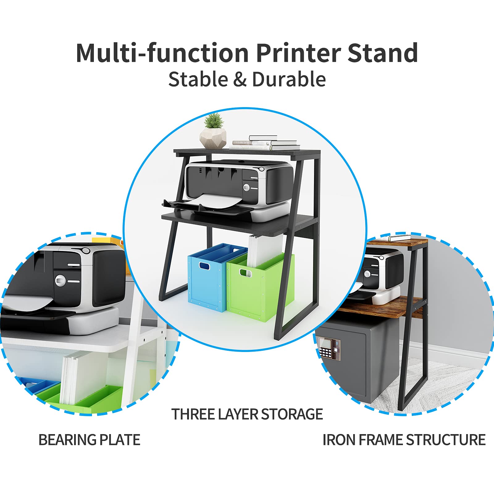PUNCIA Desktop 3-Tier Wood Printer Stand Black Large Size High Capacity Storage Desk Shelves for Dorm Home Office Organizer of Printer Fax Book Heavy Duty Rack for Home Office Supplie