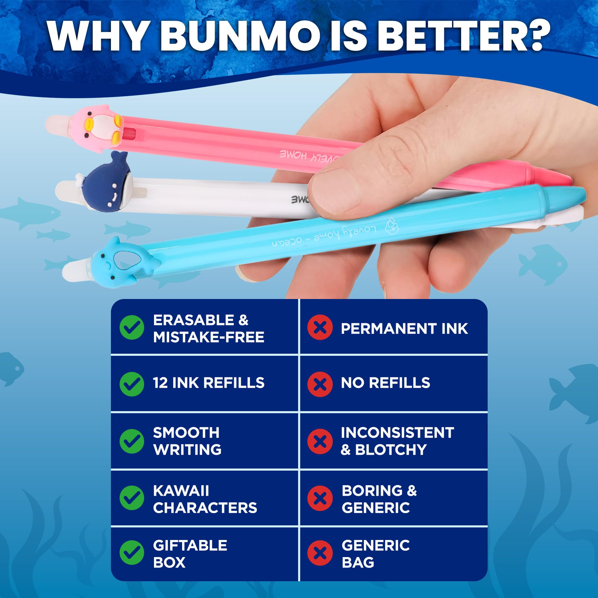 BunMo Erasable Cute Pens - Cute Kawaii Accessories - 12 Ink Pens Include 12 Extra Kawaii Pen Ink Refills. Great Easter Basket Stuffers or Easter Basket Stuffers For Girls