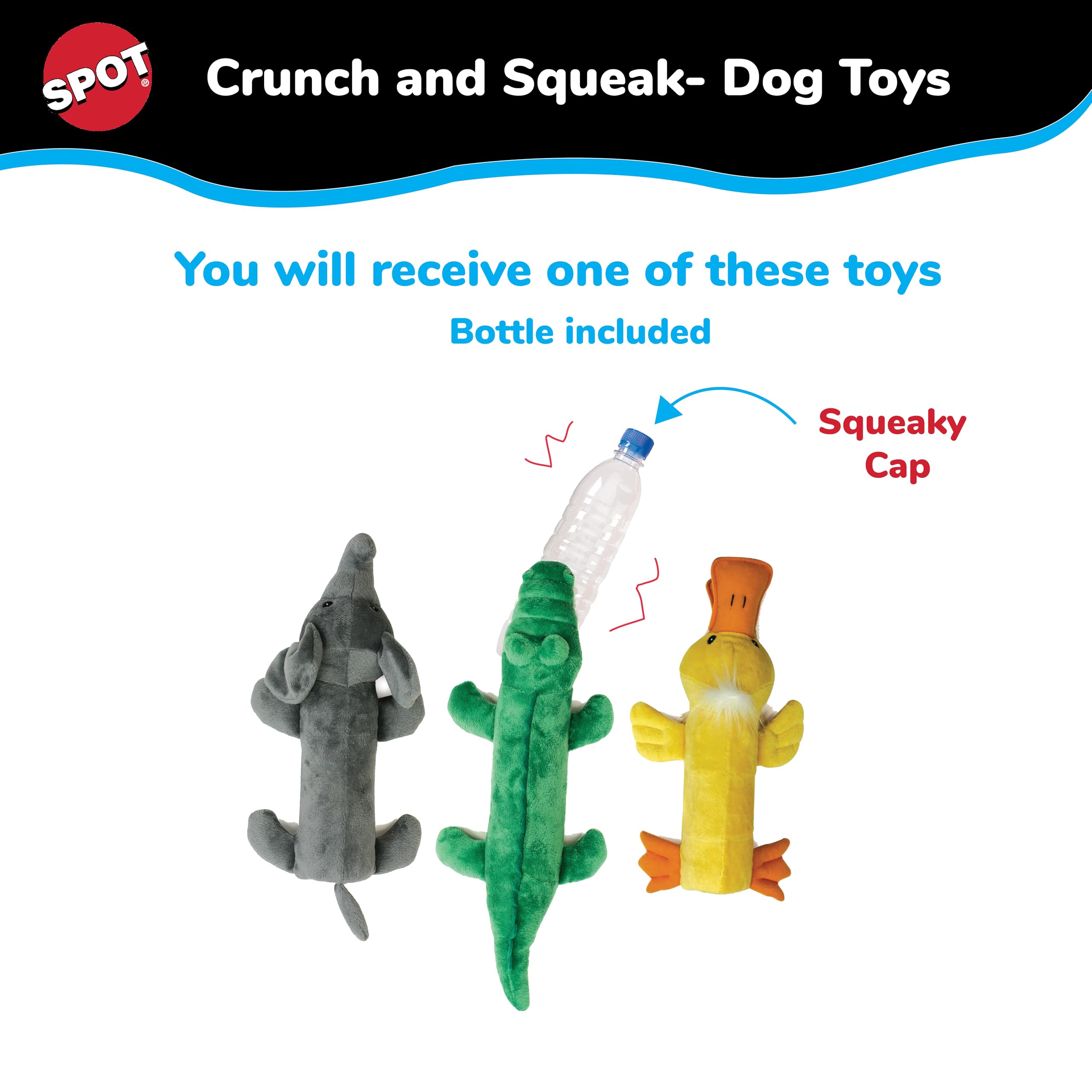 Ethical Pets SPOT Crunch and Squeak Plush Dog Toy – Crinkle Bottle Squeaker for Medium Puppies & Dogs, Light to Moderate Chewers, Assorted Styles