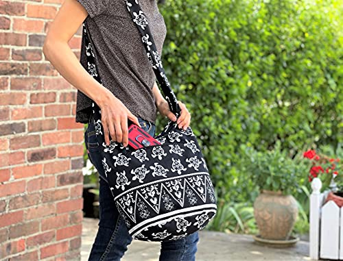 Fully Lined Sea Turtle Crossbody Sling Bag - Front Zippered Pocket - Handmade Bohemian Thai Hippie hobo Shoulder Cotton Purse - Medium - Black and White (Black and White)