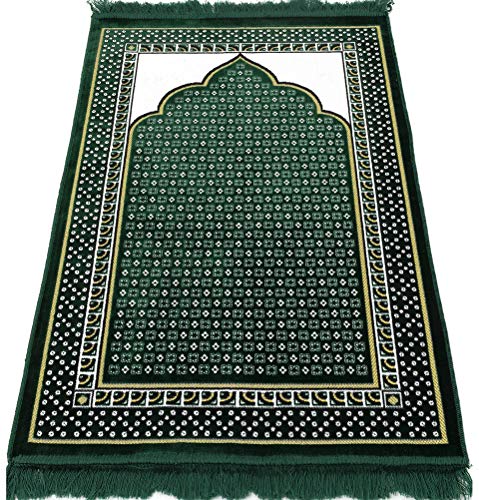 Modefa Turkish Islamic Prayer Rug - Thin & Lightweight Velvet Praying Carpet - Soft Muslim Praying Mat Janamaz - Ramadan or Eid Gift for Men & Women - with Car Hanger - Dancing Rose Vine (Green)