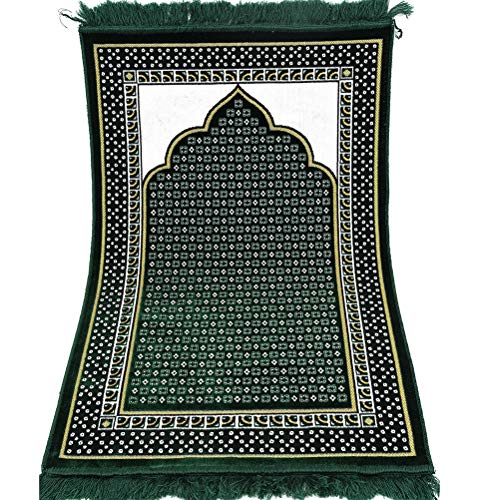Modefa Turkish Islamic Prayer Rug - Thin & Lightweight Velvet Praying Carpet - Soft Muslim Praying Mat Janamaz - Ramadan or Eid Gift for Men & Women - with Car Hanger - Dancing Rose Vine (Green)